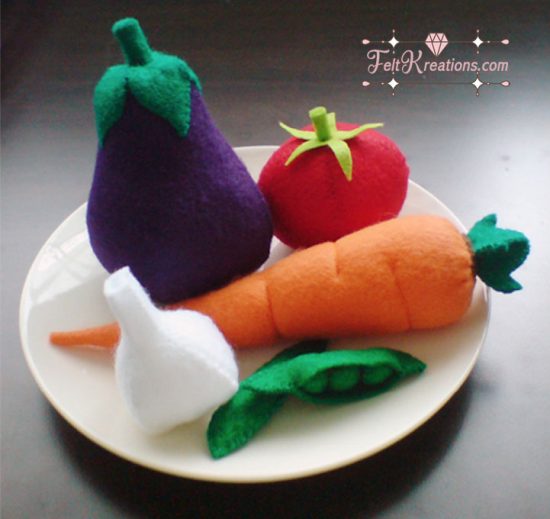 Felt vegetable patterns Set and tutorials - Eggplant Carrot Tomato, Onion